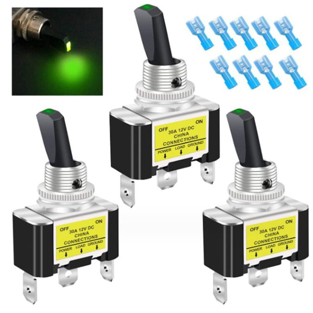 12V Toggle Switch 12mm 3 Terminal Pins Blue DC On/Off Red SPST Yellow ...