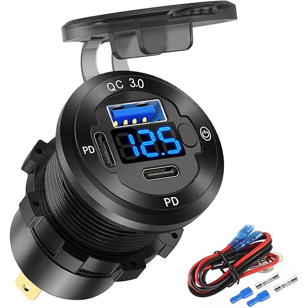 12V USB Car Socket Round USB C 12V Outlet, 3-Port Marine Fast Charger Waterproof Cigarette ...