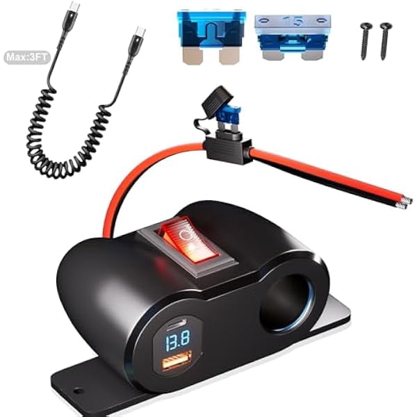 12V USB Outlet Cigarette Lighter Socket with Power Switch: PD 36W USB C ...