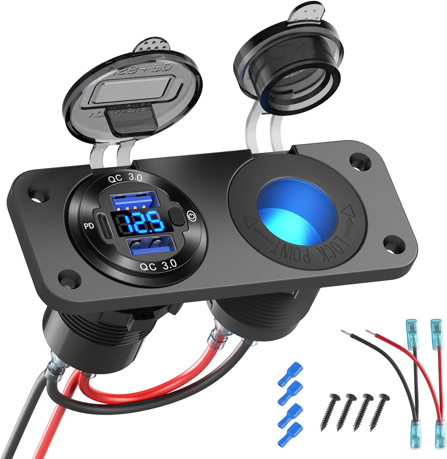 12V USB Outlet Marine Switch Panel Plug, PD3.0 and Dual QC3.0 USB Ports ...