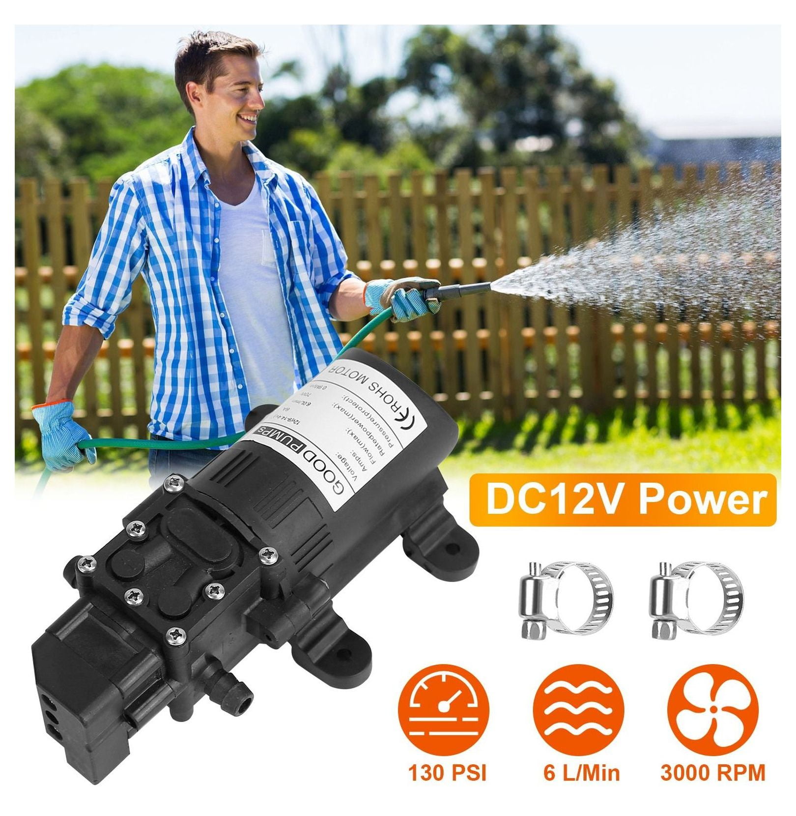 12V Water Pump 6L/Min 130PSI, Self Priming Diaphragm Pump with Hose ...