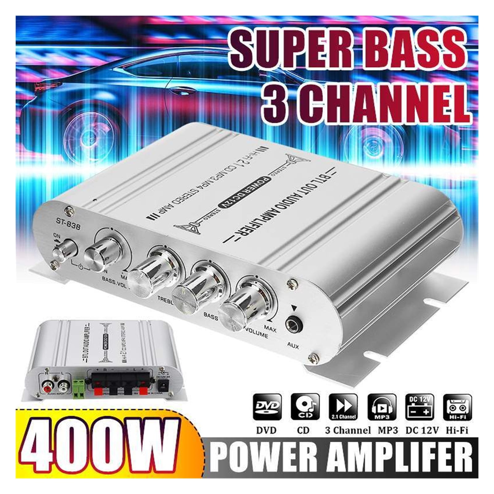 12V3A Power Cable ST-838 MINI Digital Hi-Fi Car Power Amplifier 2.1CH ...