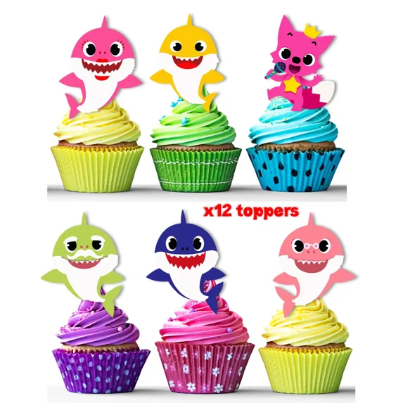 12X Edible Baby Sharks Wafer Card Sheet Stand Up Cupcake Cake Toppers ...