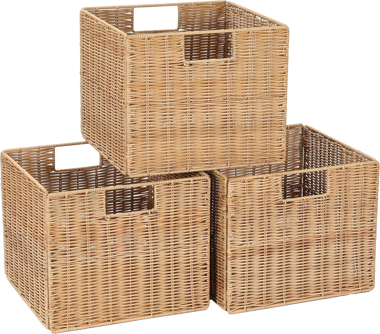 12x12x10 Inch Plastic Wicker Storage Basket, Collapsible Woven Cube for ...