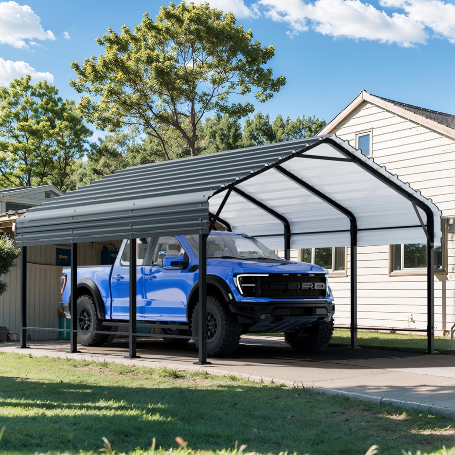 12X15 ft Carport, Heavy Duty Carport Canopy with Galvanized Steel Roof ...