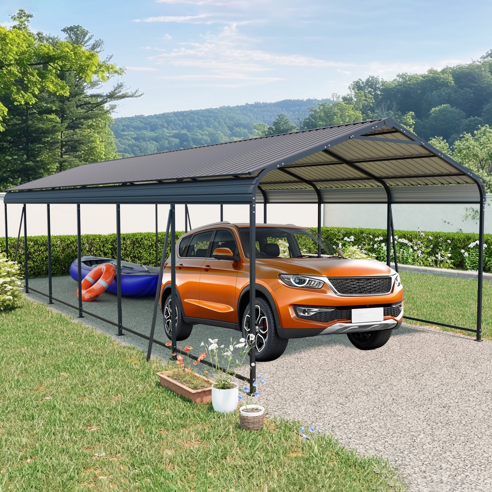CarButler 12x32ft Metal Heavy Duty Carport Outdoor Canopy Large Garage ...