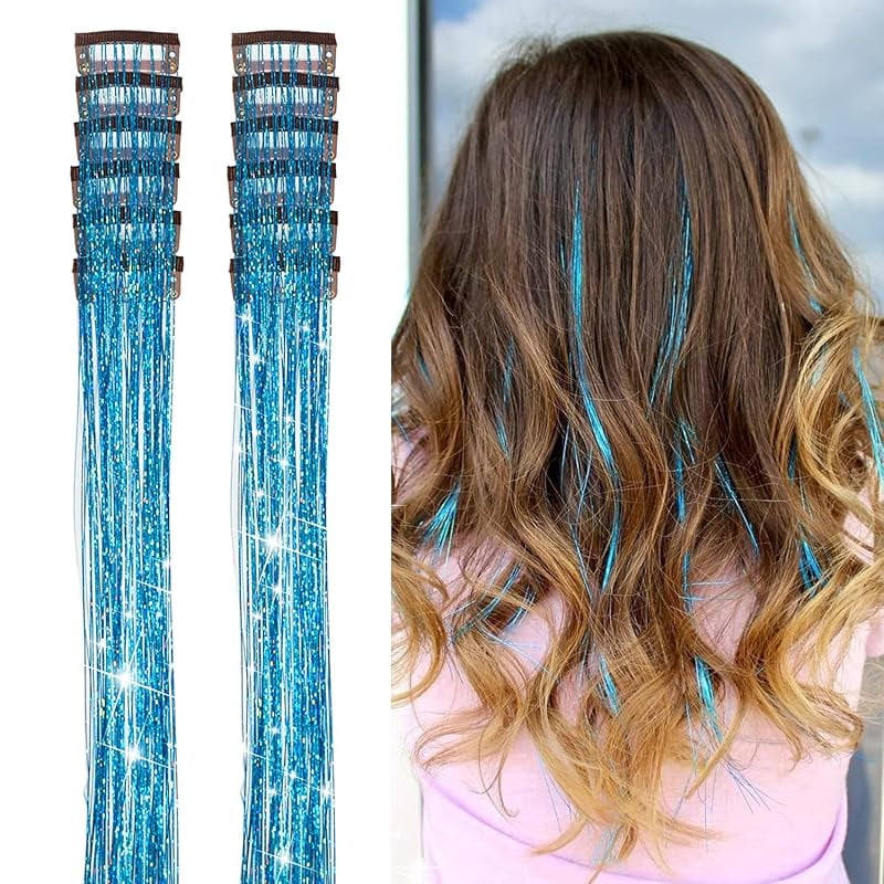 12count Hair Tinsel Clip in 19.6Inch Glitter Tinsel Hair Extensions ...