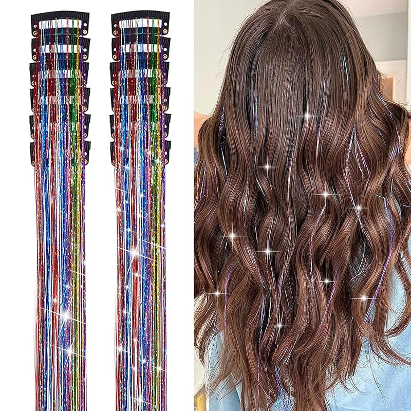 12count Hair Tinsel Clip in 19.6Inch Glitter Tinsel Hair Extensions ...