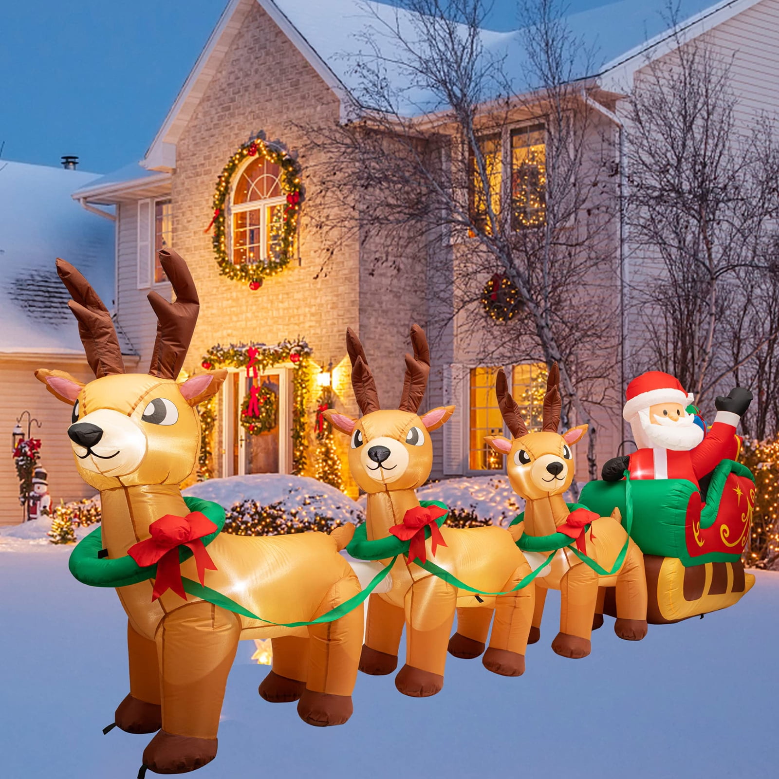 12ft Christmas Inflatable Santa Claus on Sleigh with 3 Reindeer and ...