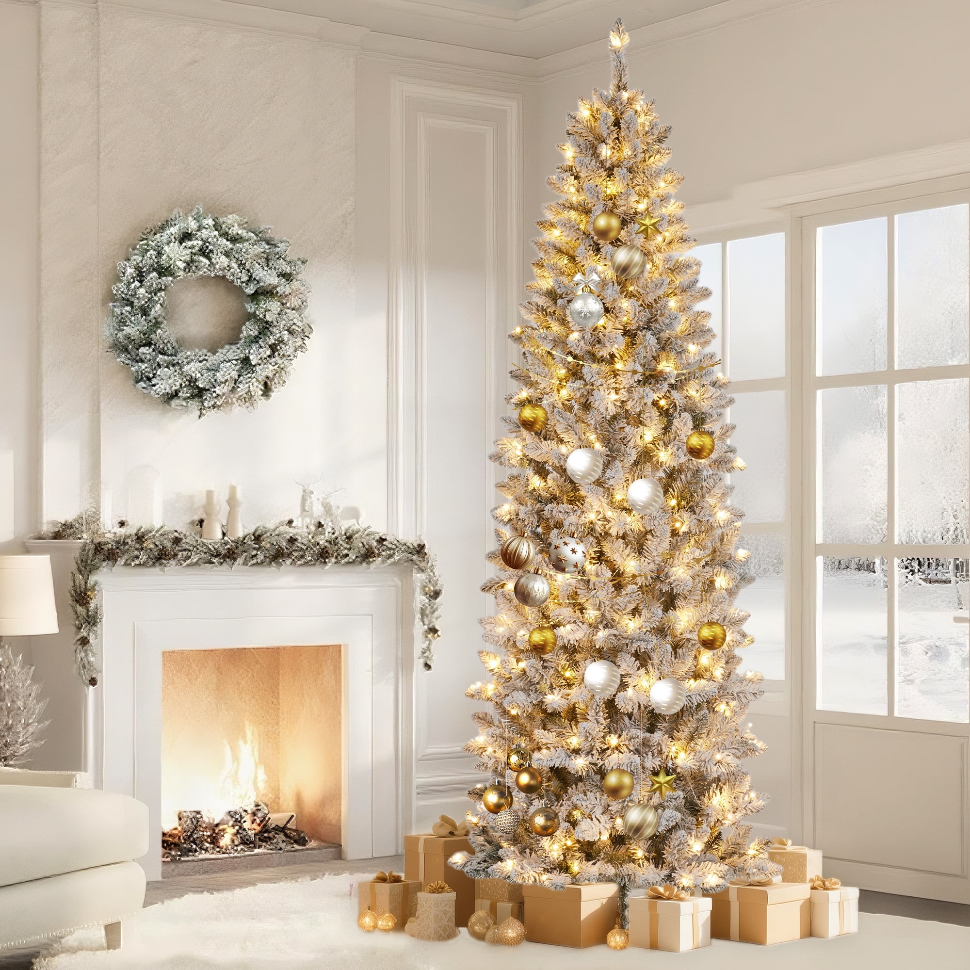 12ft Pencil Artificial Christmas Tree with LED Lights, Mixed PVC ...