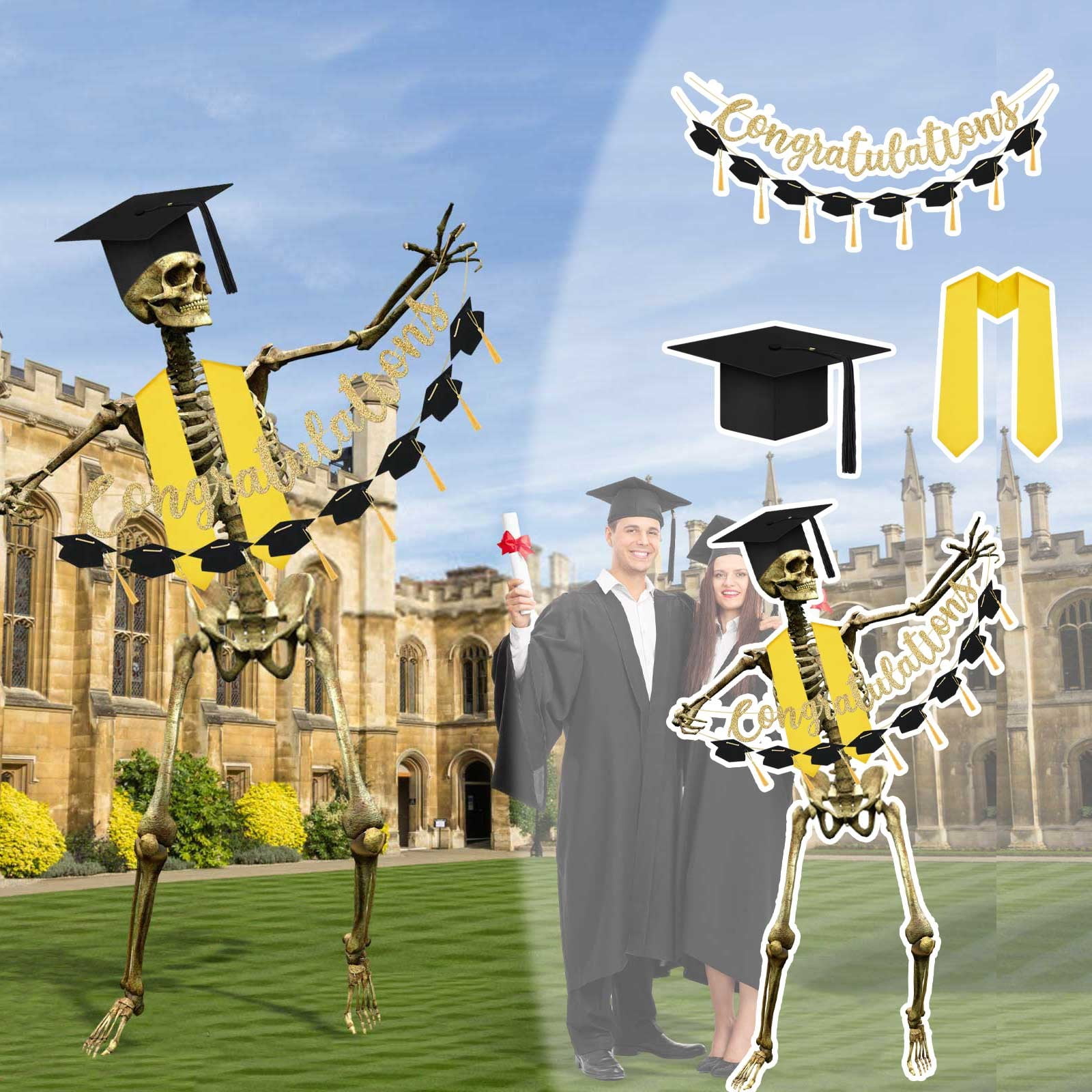 12ft Skeleton Graduation Outfit 4-Piece Set - Oversized Graduation Cap ...