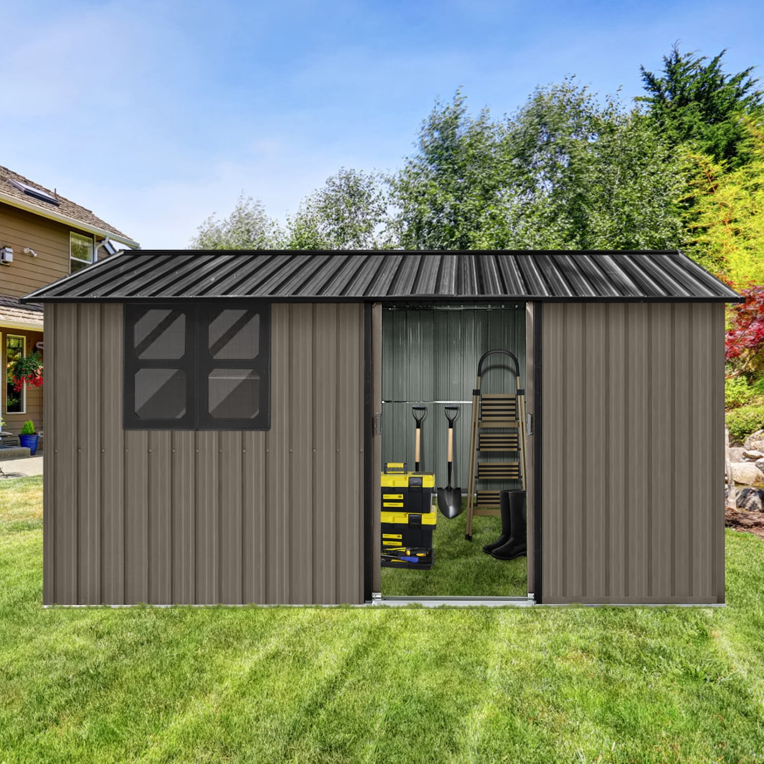12ftx10ft Metal Garden Shed with Sliding Door & Acrylic Window - Brown, Durable Apex Roof Design ...