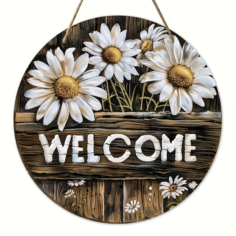 12in Beautiful Wooden Welcome Daisy Sign, Round Wood Wall Hanging ...