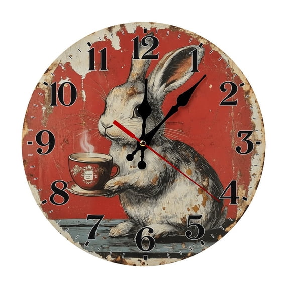 12in Vintage Rabbit Coffee Wooden Wall Clock, Silent Non-Ticking Rustic ...