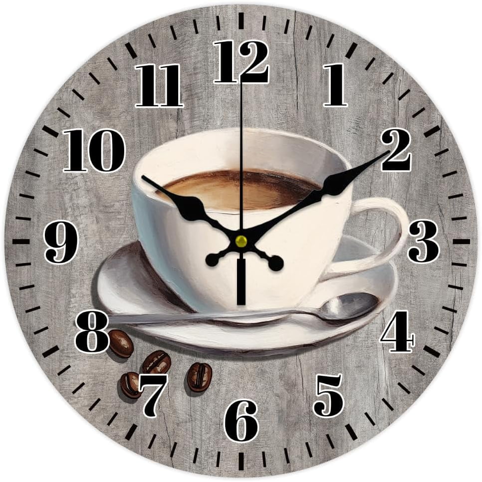 12inch Coffee Wall Clock Coffee Cup Round Wooden Wall Clock Silent Non Ticking Clock Vintage ...
