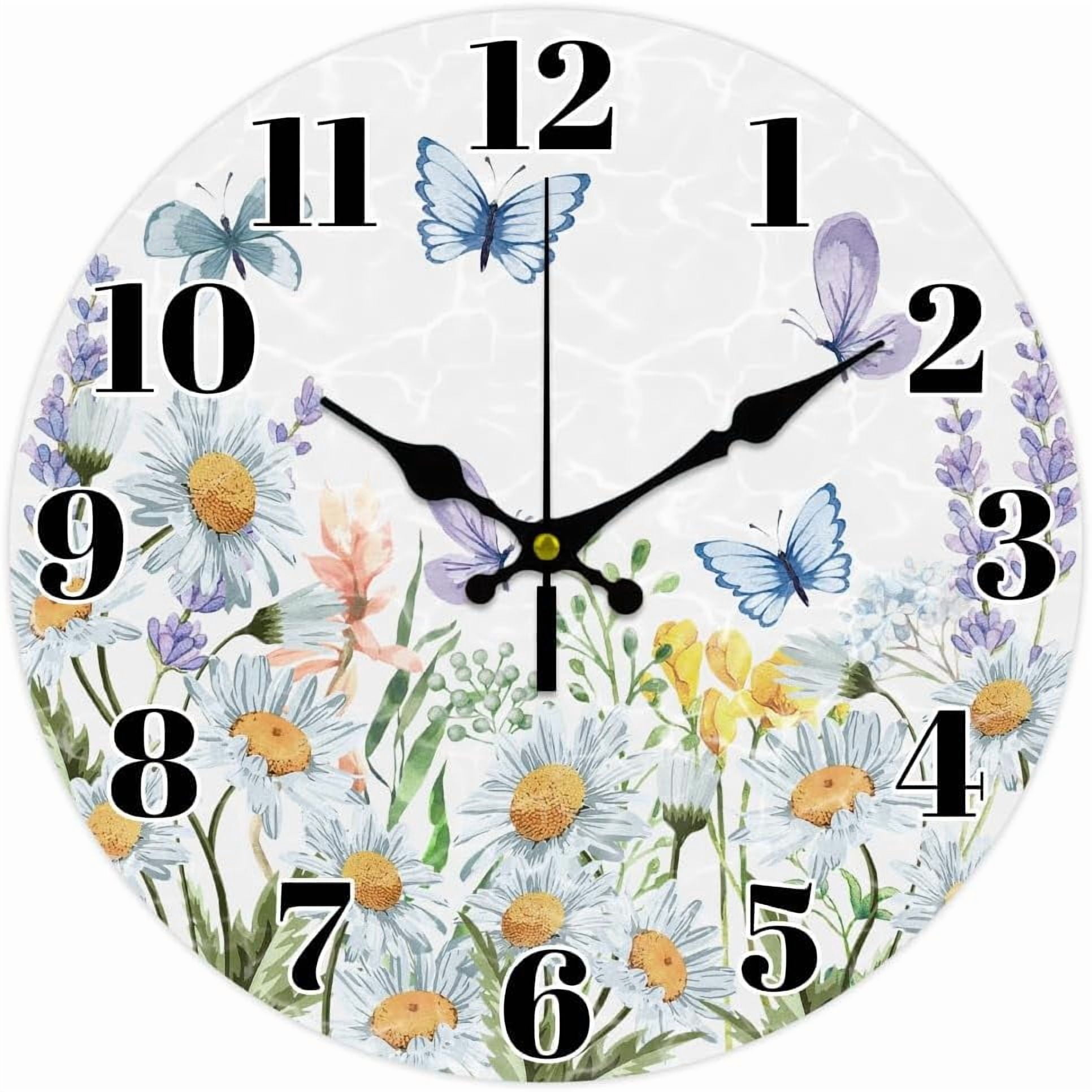 12inch Daisies Wall Clock Silent Wooden Round Clock Battery Operated ...