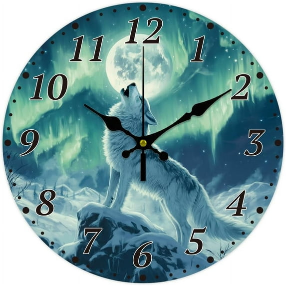 12inch Howling Wolves Northern Lights Wall Clock Battery Operated ...