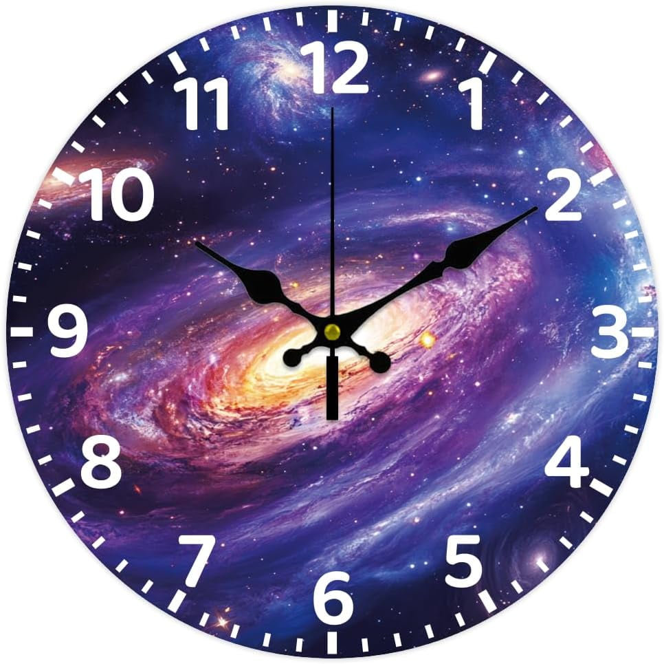 12inch Universe Galaxy Wooden Wall Clock Battery Operated Silent Non ...