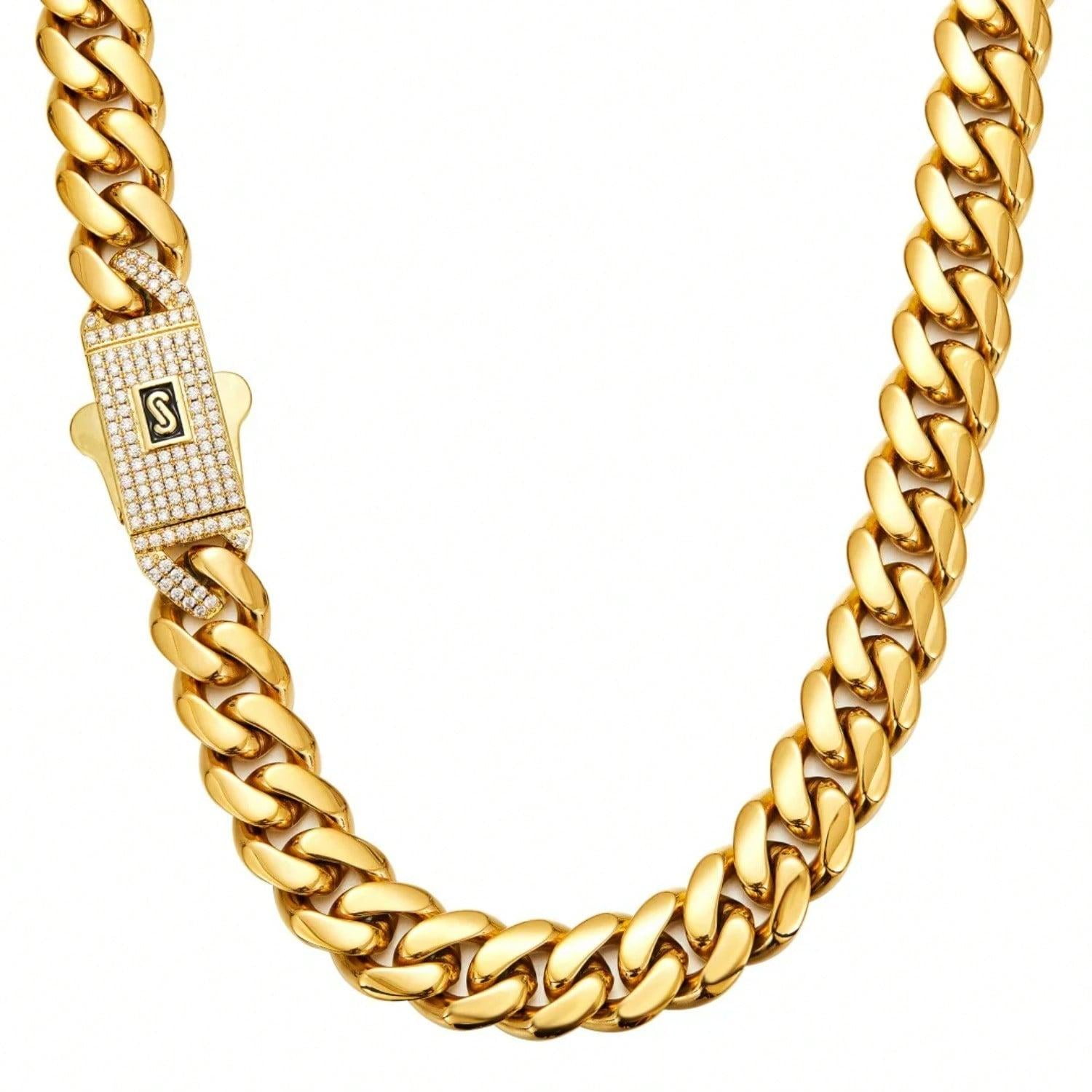 12mm 14mm Stainless Steel Miami Cuban Link Chain Necklace, Iced Out ...