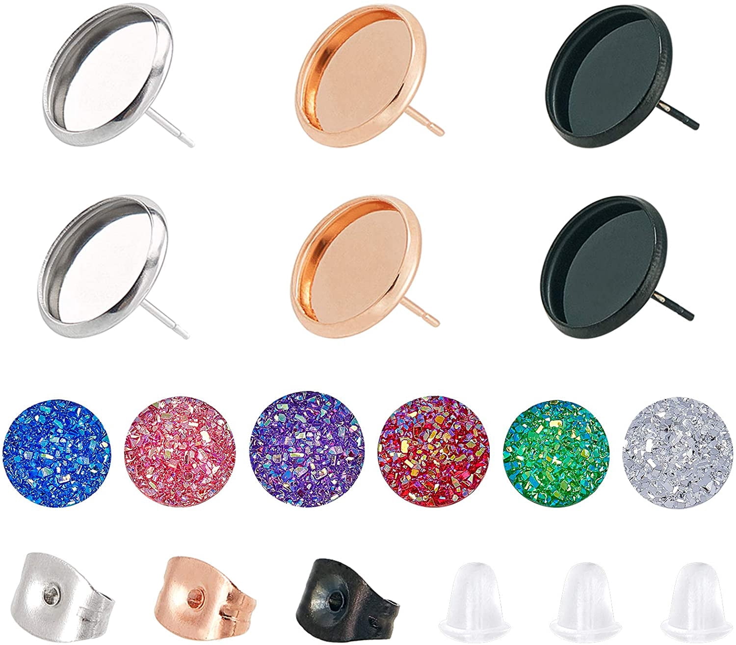12mm 3 Colors About 60sets Earring Bezel with Mixed Color Cabochons ...