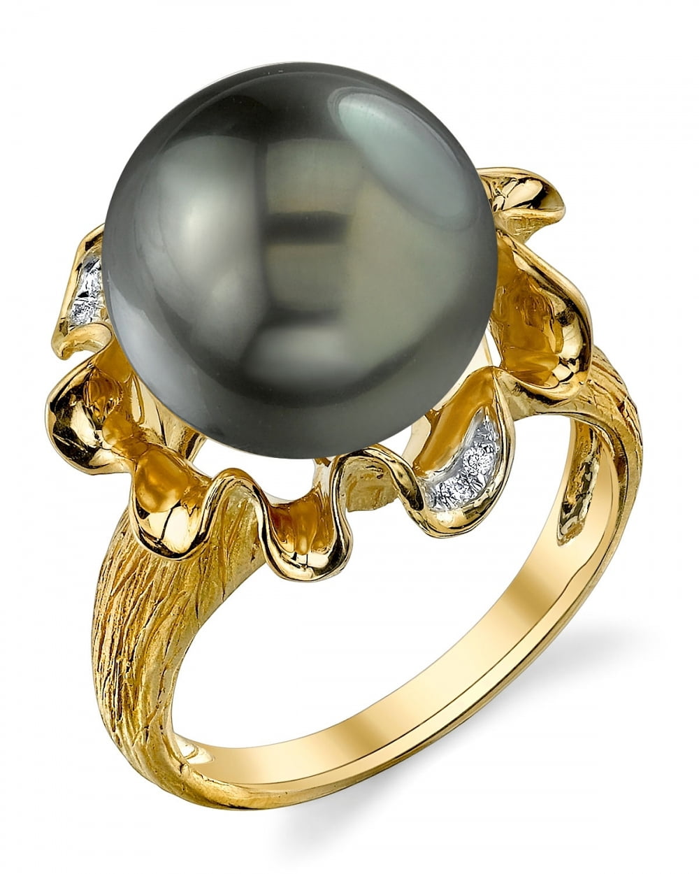 12mm Tahitian South Sea Cultured Pearl & Diamond Robin Ring in 14K Gold ...