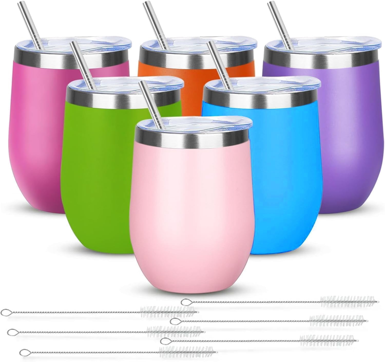12oz/6 Pack Wine Tumbler Glasses with Lid Stemless Double Wall Vacuum ...