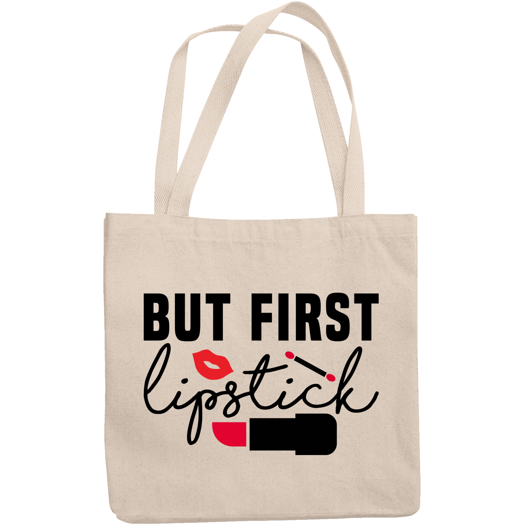 12oz Canvas Tote Bag - But First Lipstick with Red Lips Design - Beauty ...