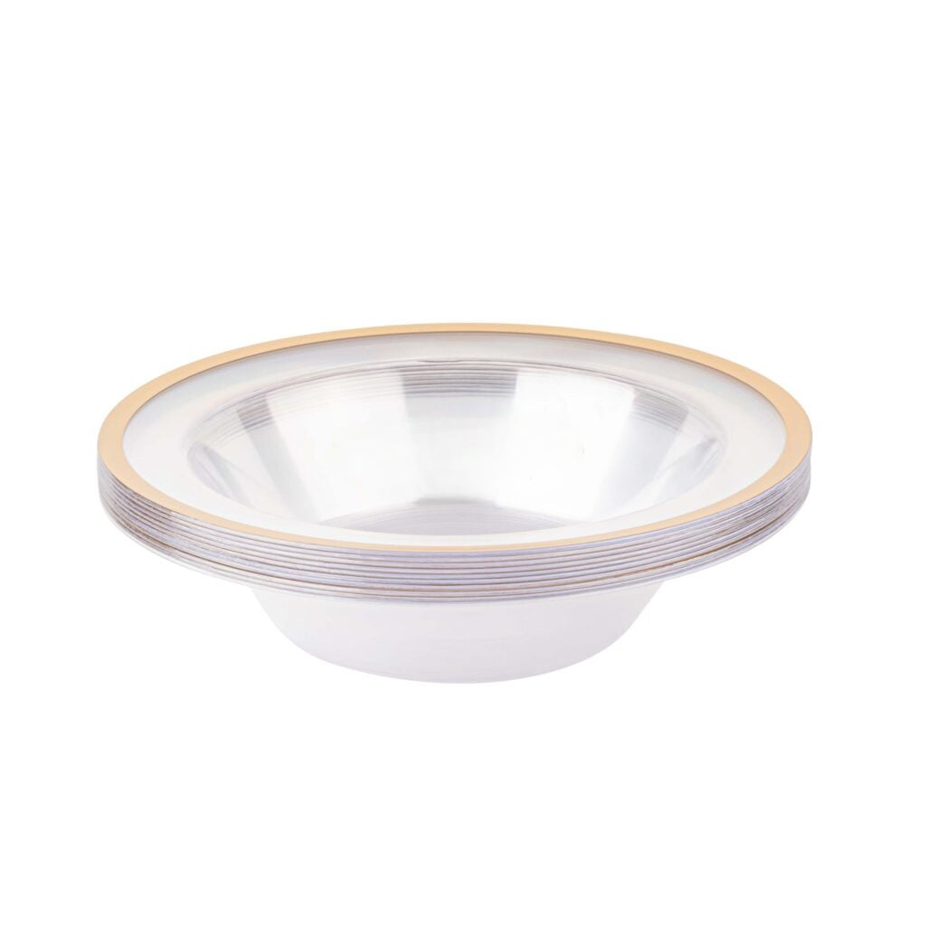 12oz Clear Plastic Round Bowls with Gold Rim - Wide Rimmed Disposable ...