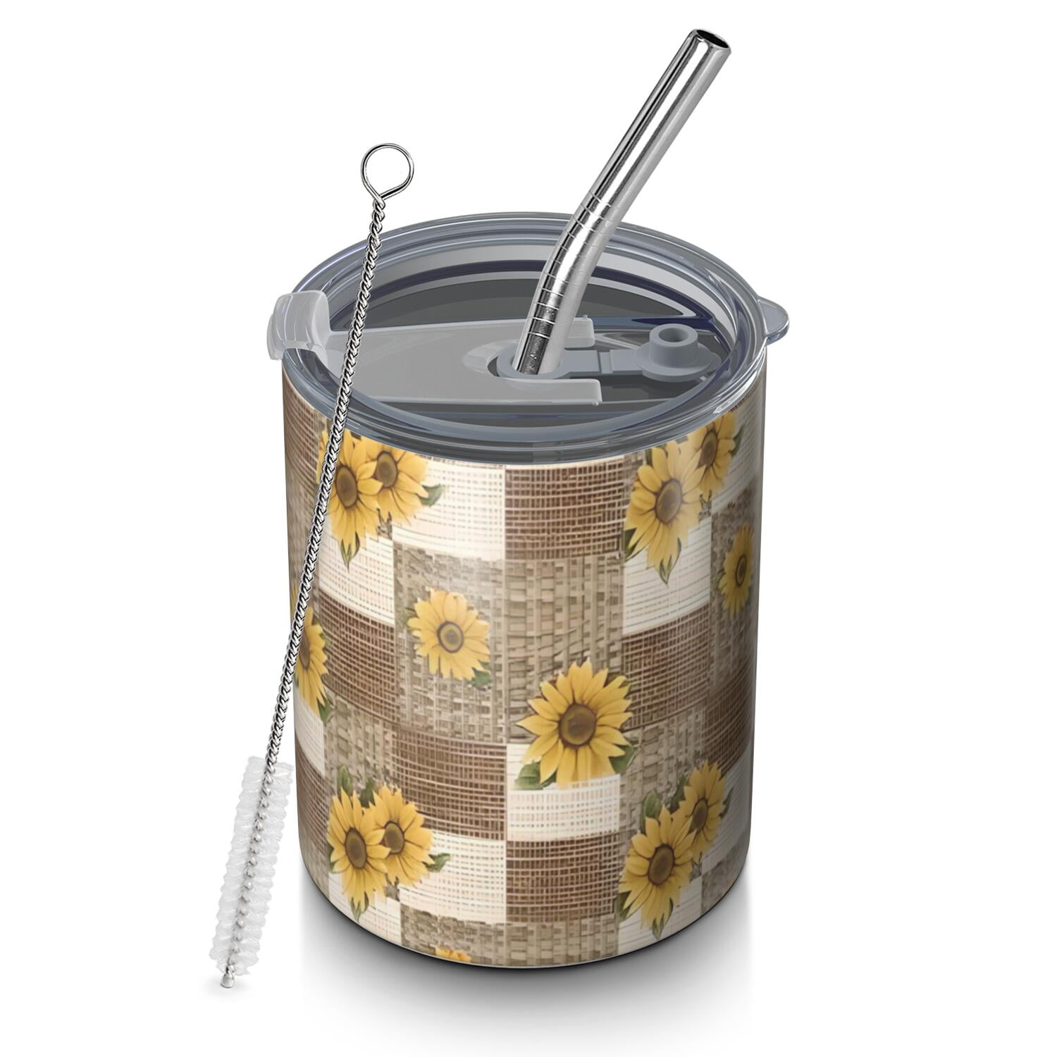 12oz Coffee Tumblers Brown Checker Sunflower Pattern Stainless Steel ...