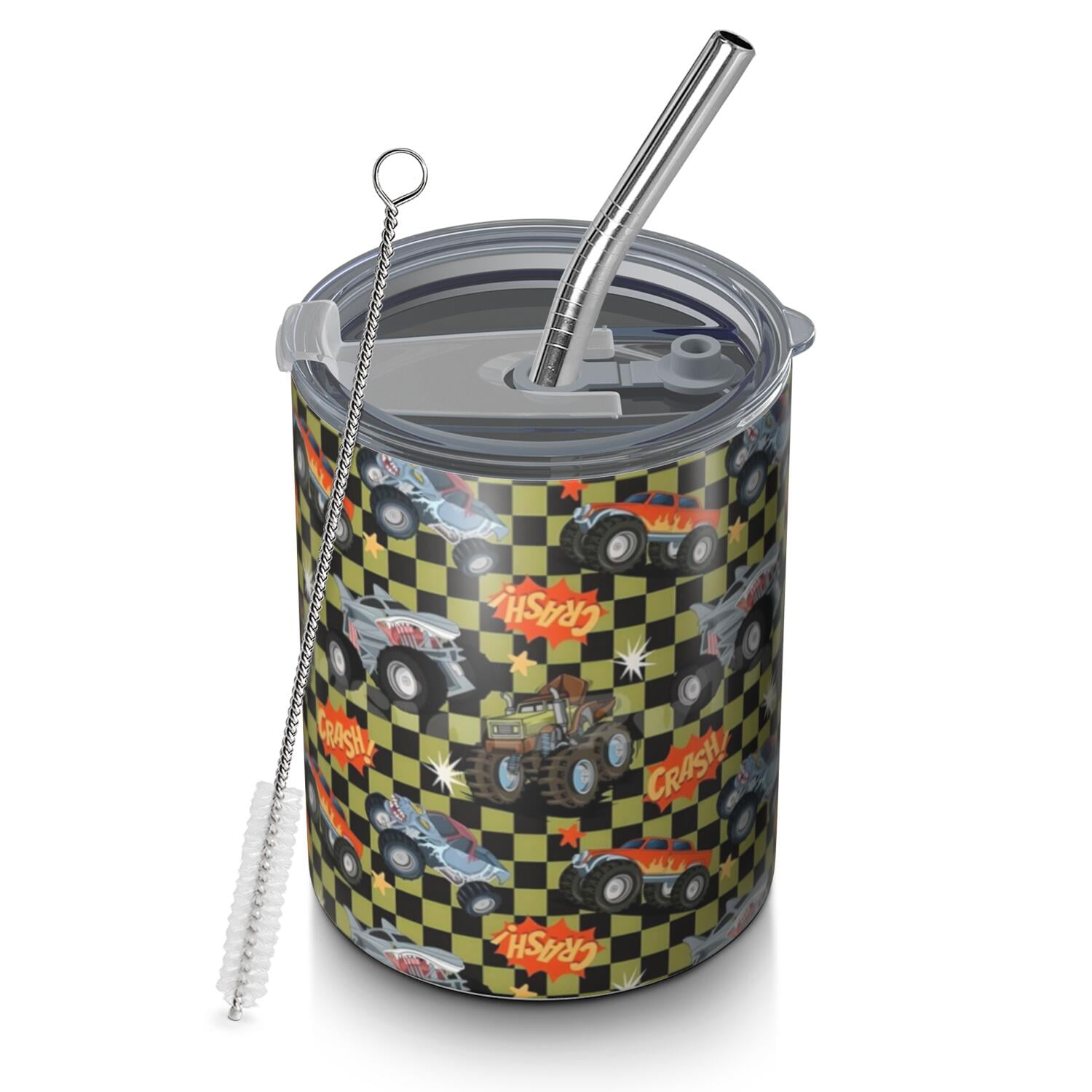 12oz Coffee Tumblers Green Black Checker Monster Cartoon Trucks Pattern Stainless Steel Vacuum ...