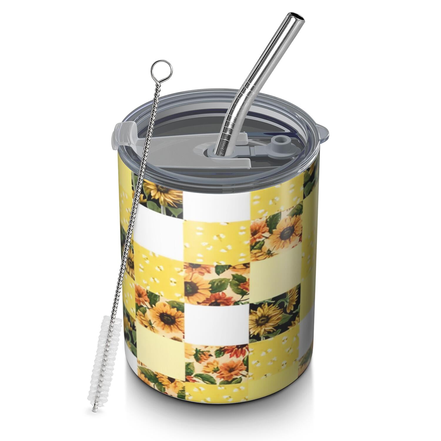 12oz Coffee Tumblers Yellow White Checker Sunflower Pattern Stainless Steel Vacuum Insulated ...