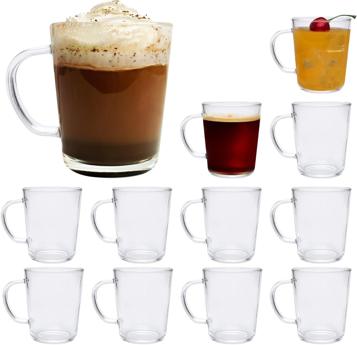 12oz Glass Coffee Mugs with Handle - Set of 12 High-End Quality Ideal ...