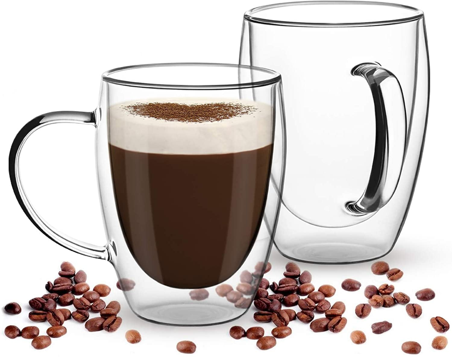 12oz Set of 2 Double Wall Glass Coffee Mugs with Handle, Clear Glass ...