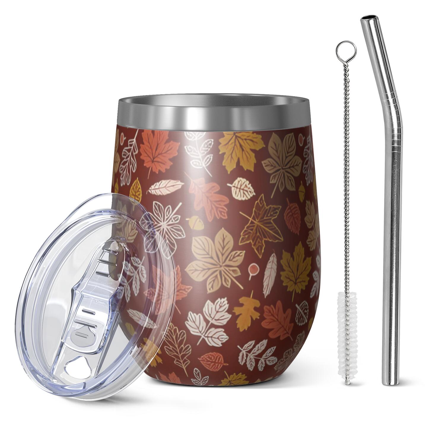 12oz Stemless Wine Tumblers Autumn Fall Leaves Pattern Vacuum Insulated ...