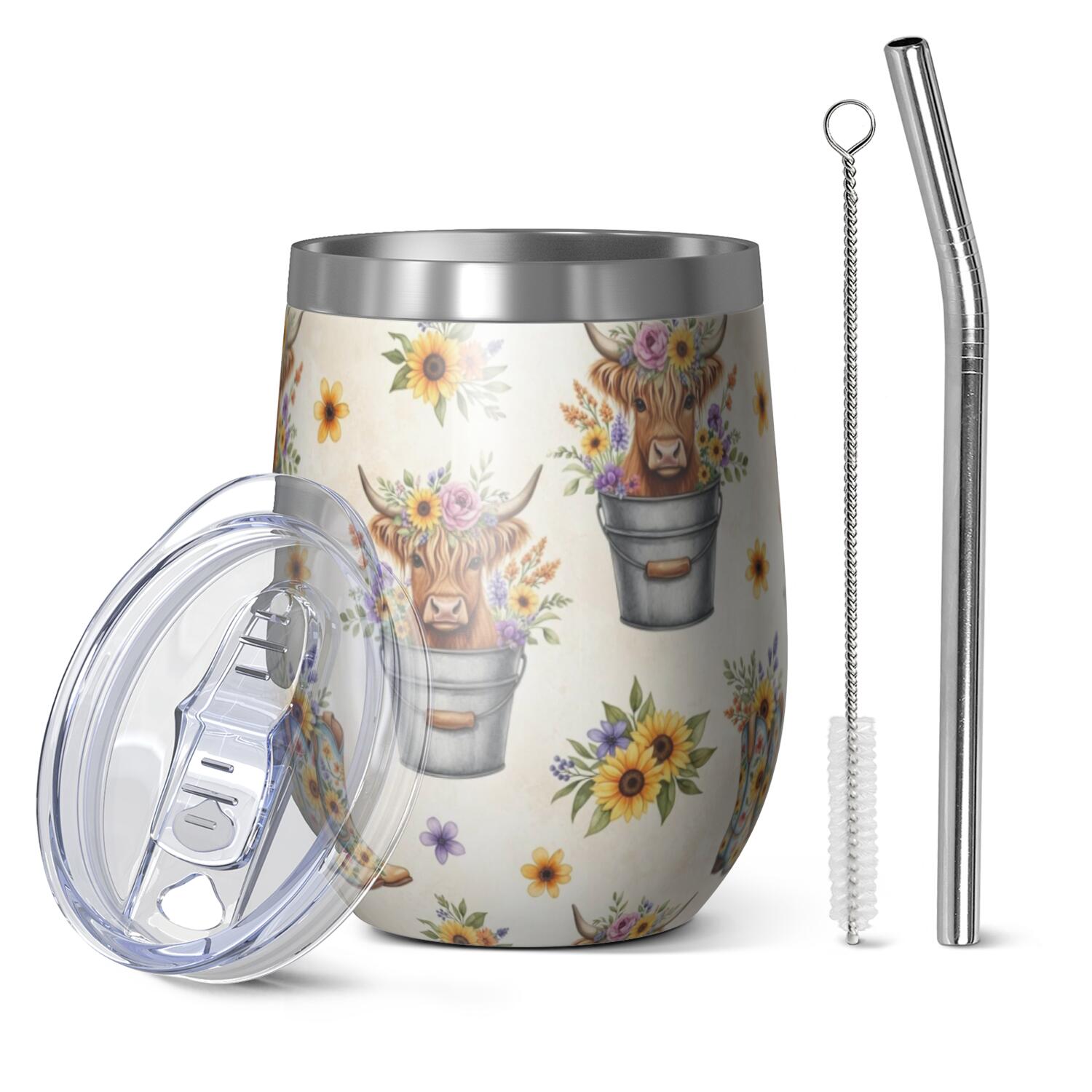 12oz Stemless Wine Tumblers Beige Highland Cow Bucket Boot Flower ...