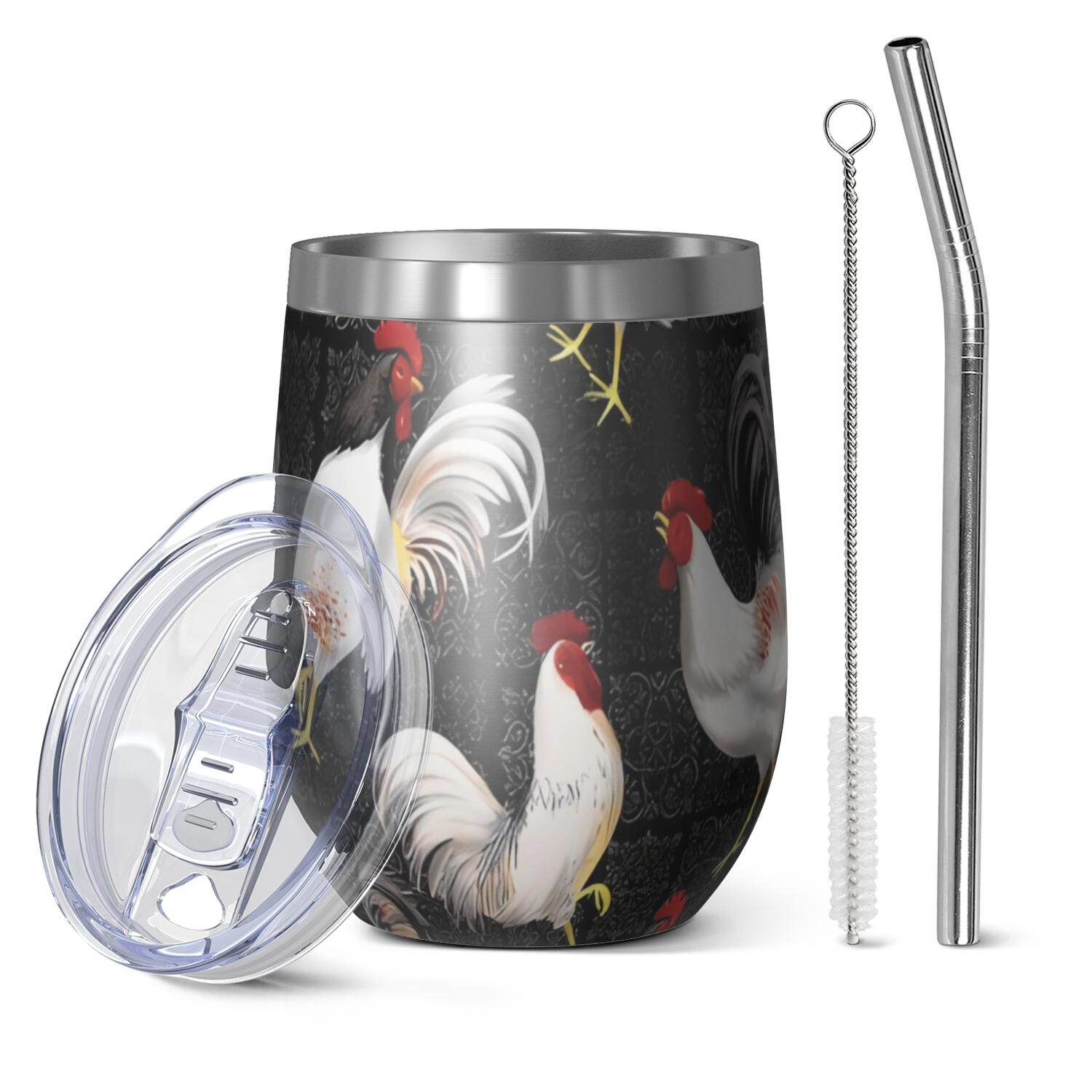 12oz Stemless Wine Tumblers Black Chicken Rooster Pattern Vacuum ...