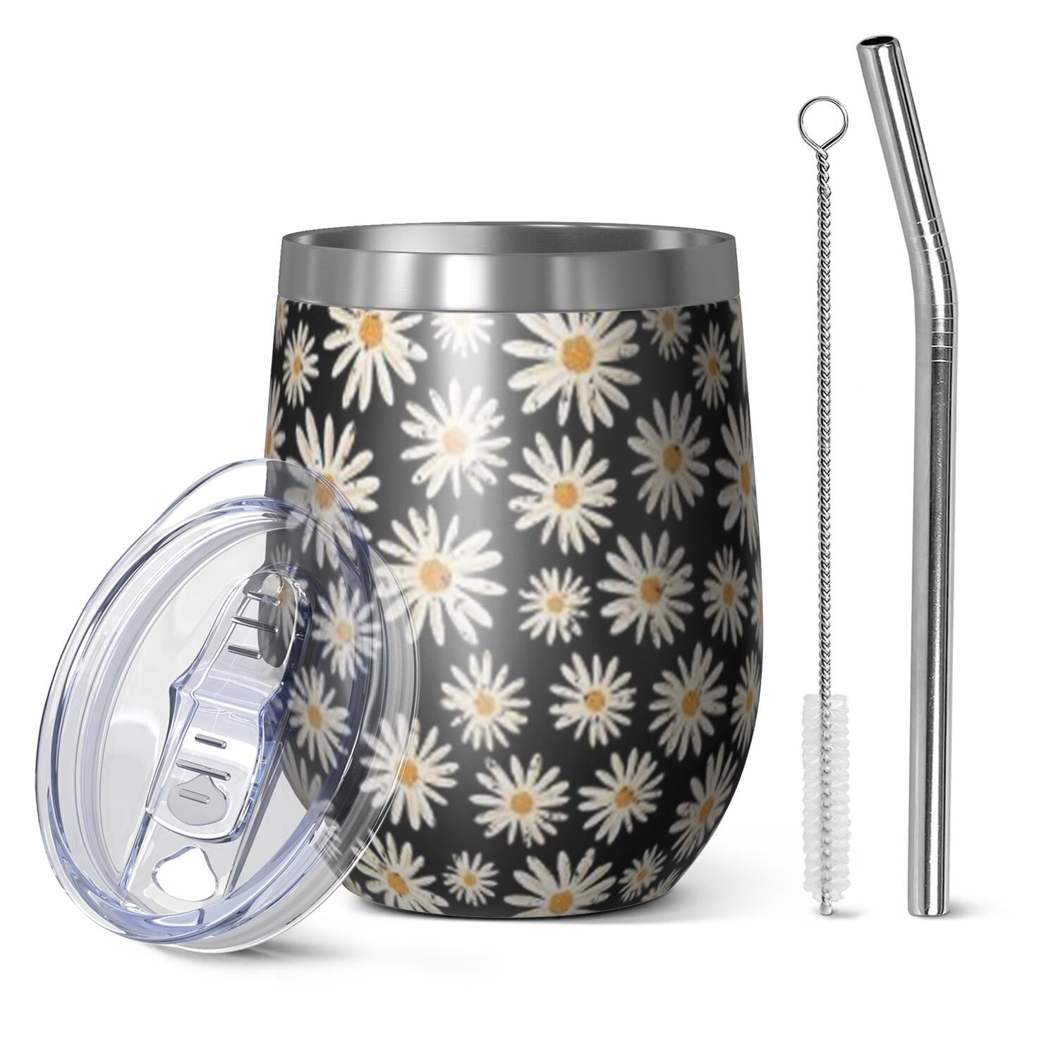 12oz Stemless Wine Tumblers Black Daisy Flower Pattern Vacuum Insulated ...