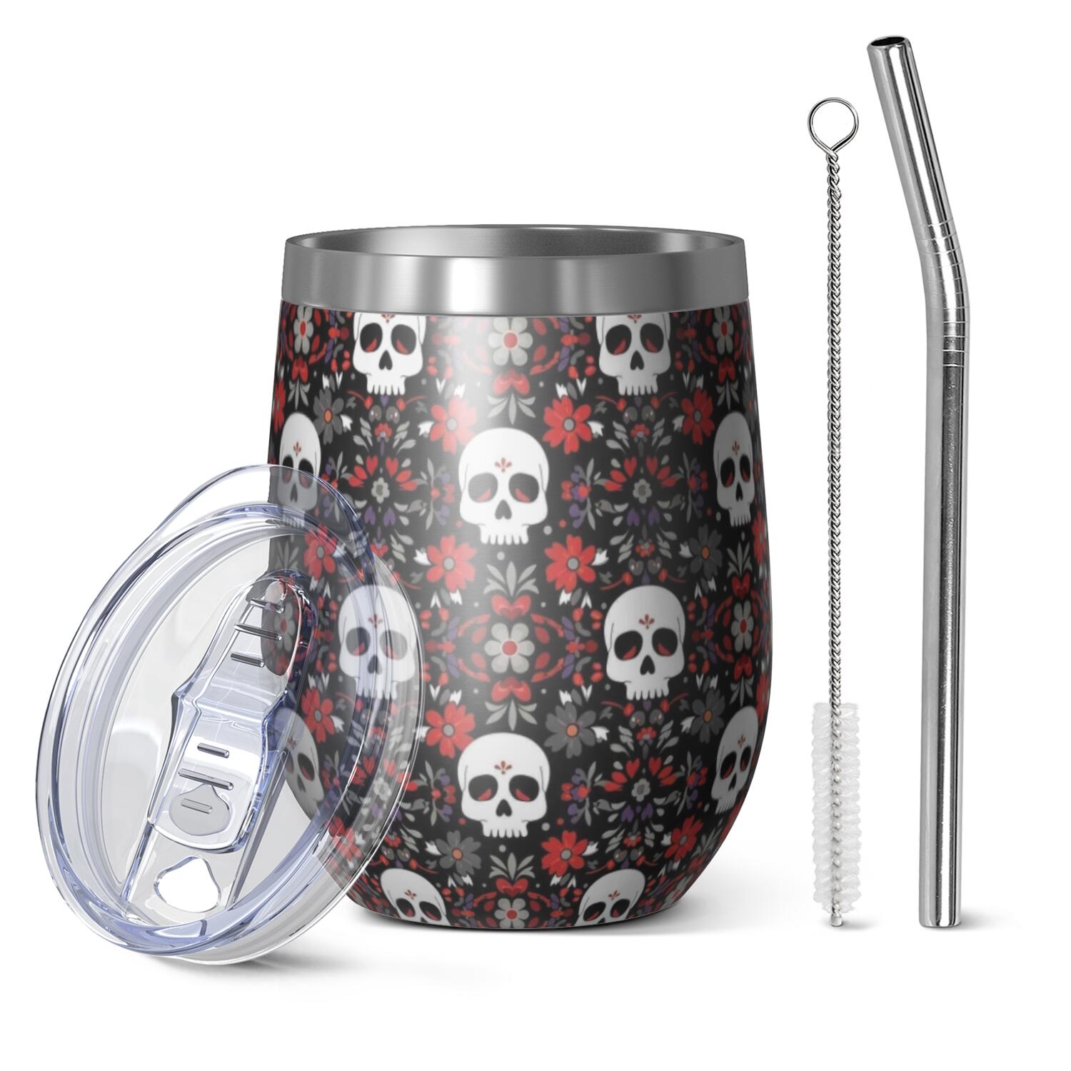 12oz Stemless Wine Tumblers Black Floral Skull Pattern Vacuum Insulated ...
