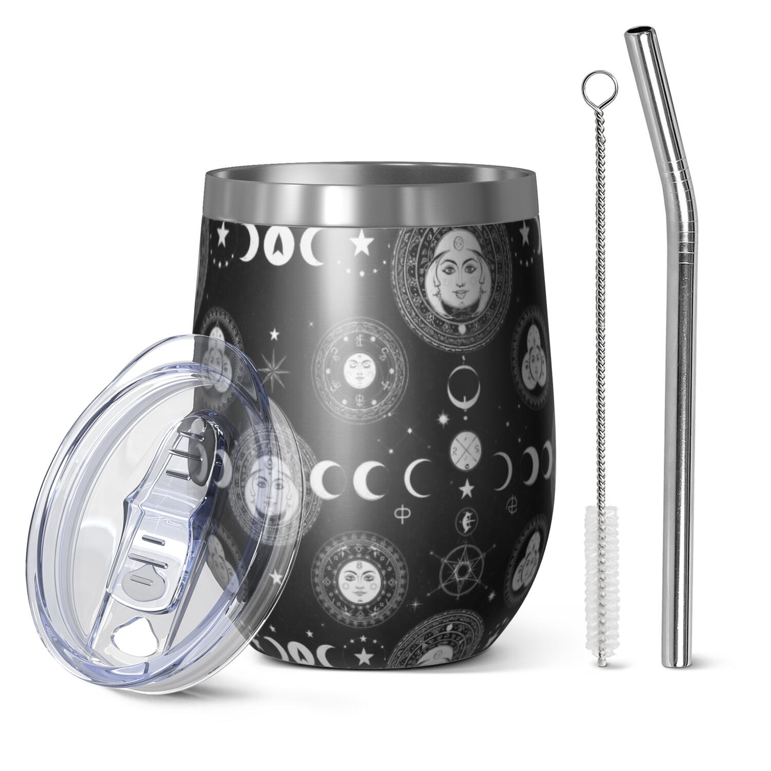 12oz Stemless Wine Tumblers Black Gothic Moon Star Face Pattern Vacuum ...