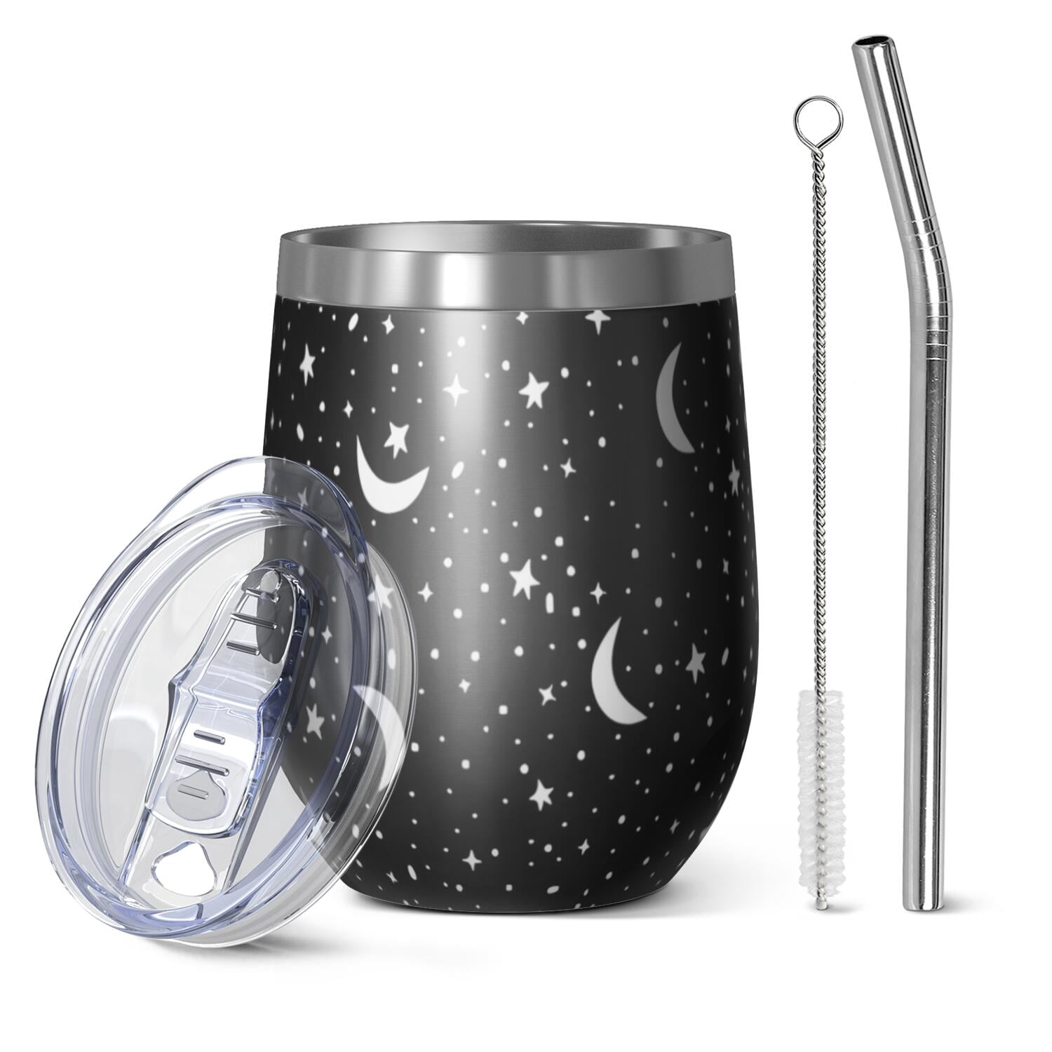 12oz Stemless Wine Tumblers Black Star Moon Pattern Vacuum Insulated ...