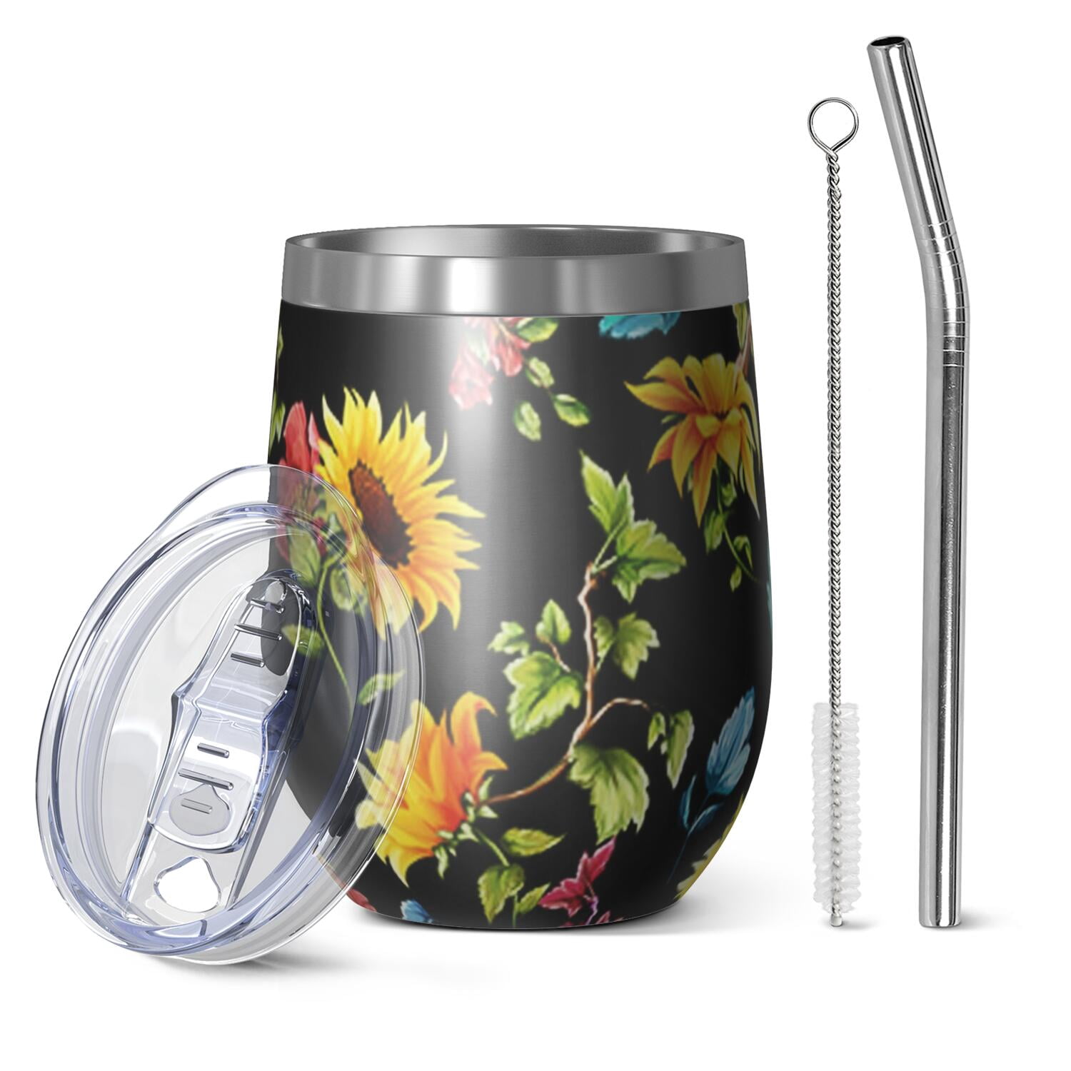 12oz Stemless Wine Tumblers Black Sunflower Vacuum Insulated Stainless ...
