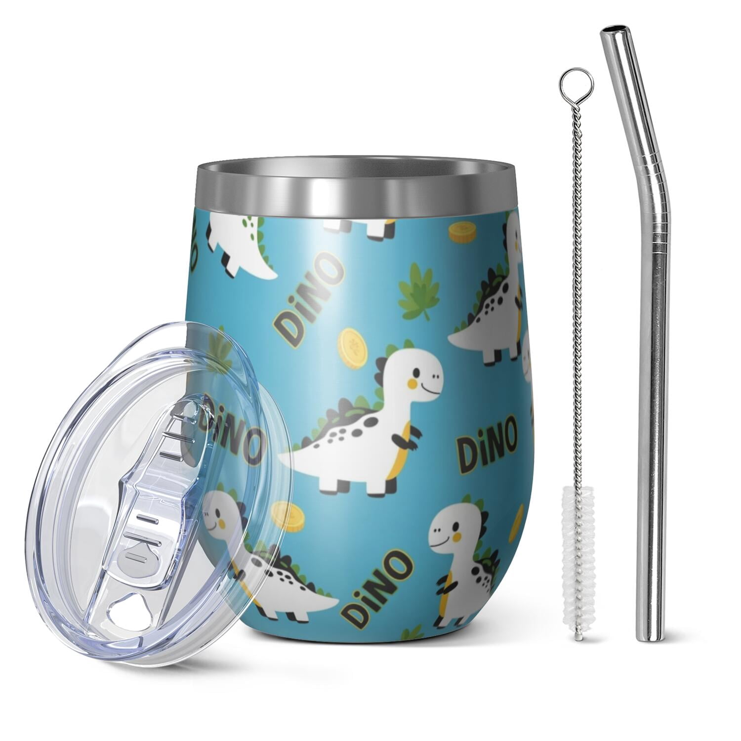 12oz Stemless Wine Tumblers Blue Dinosaurs with Coins Dynamic Vacuum ...