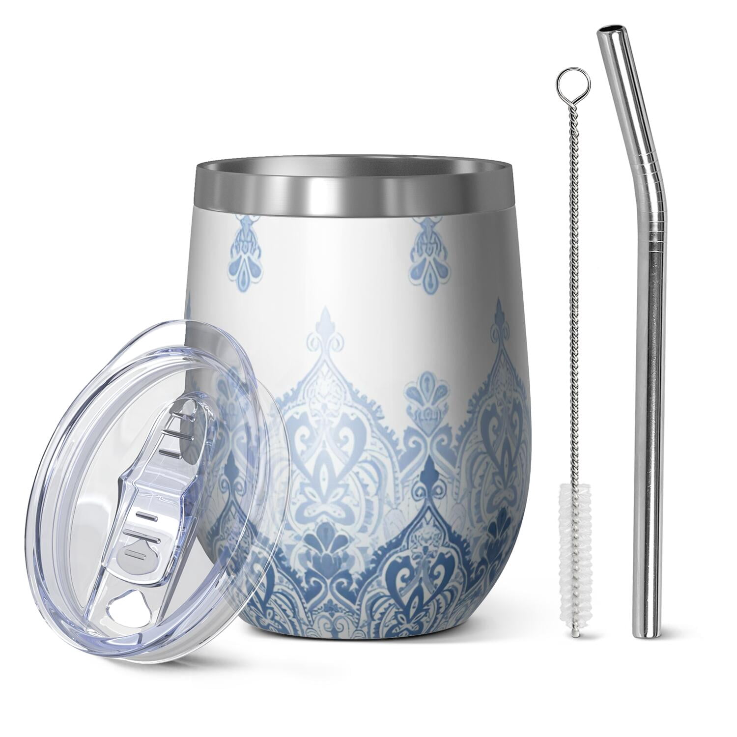 12oz Stemless Wine Tumblers Blue Ethnic Floral Border Pattern Vacuum ...