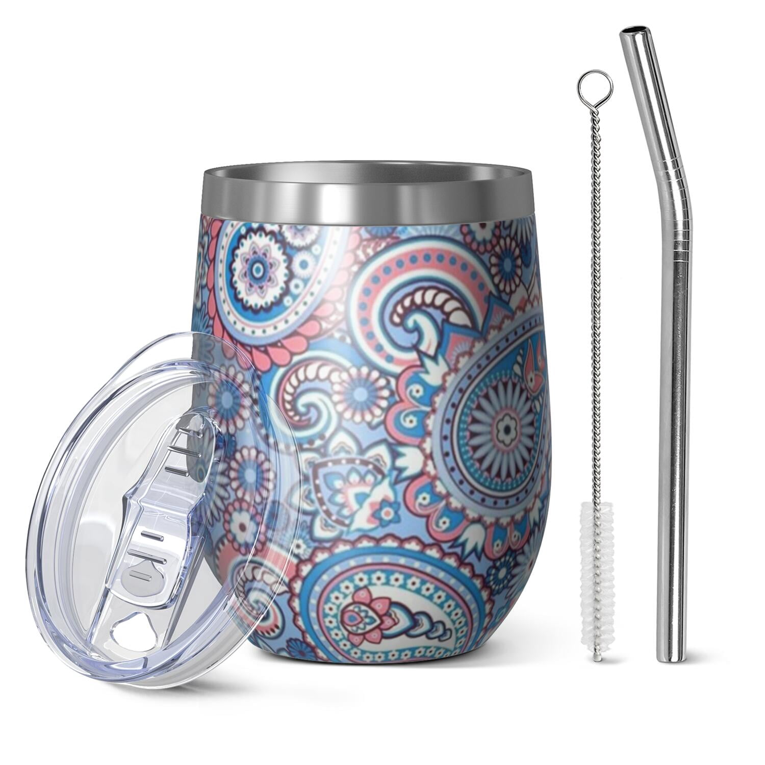 12oz Stemless Wine Tumblers Blue Paisley and Floral Pattern Vacuum ...