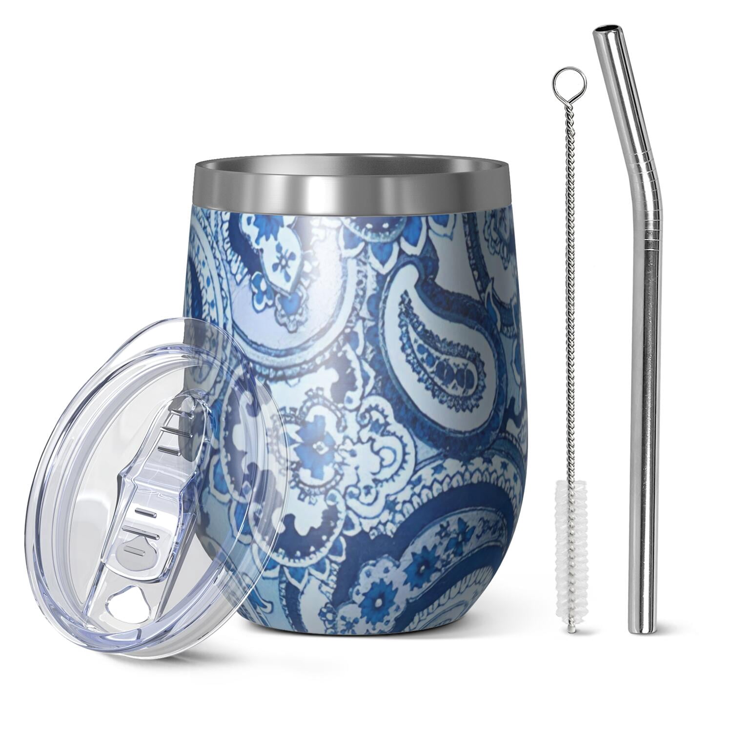 12oz Stemless Wine Tumblers Blue Paisley Pattern Vacuum Insulated ...