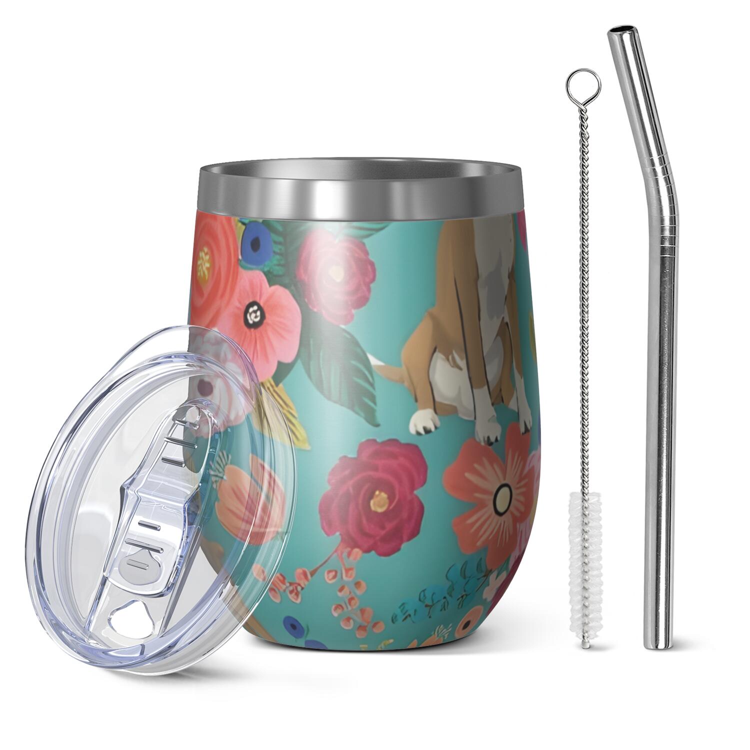 12oz Stemless Wine Tumblers BoxerDog and Pioneer Flower Vacuum ...