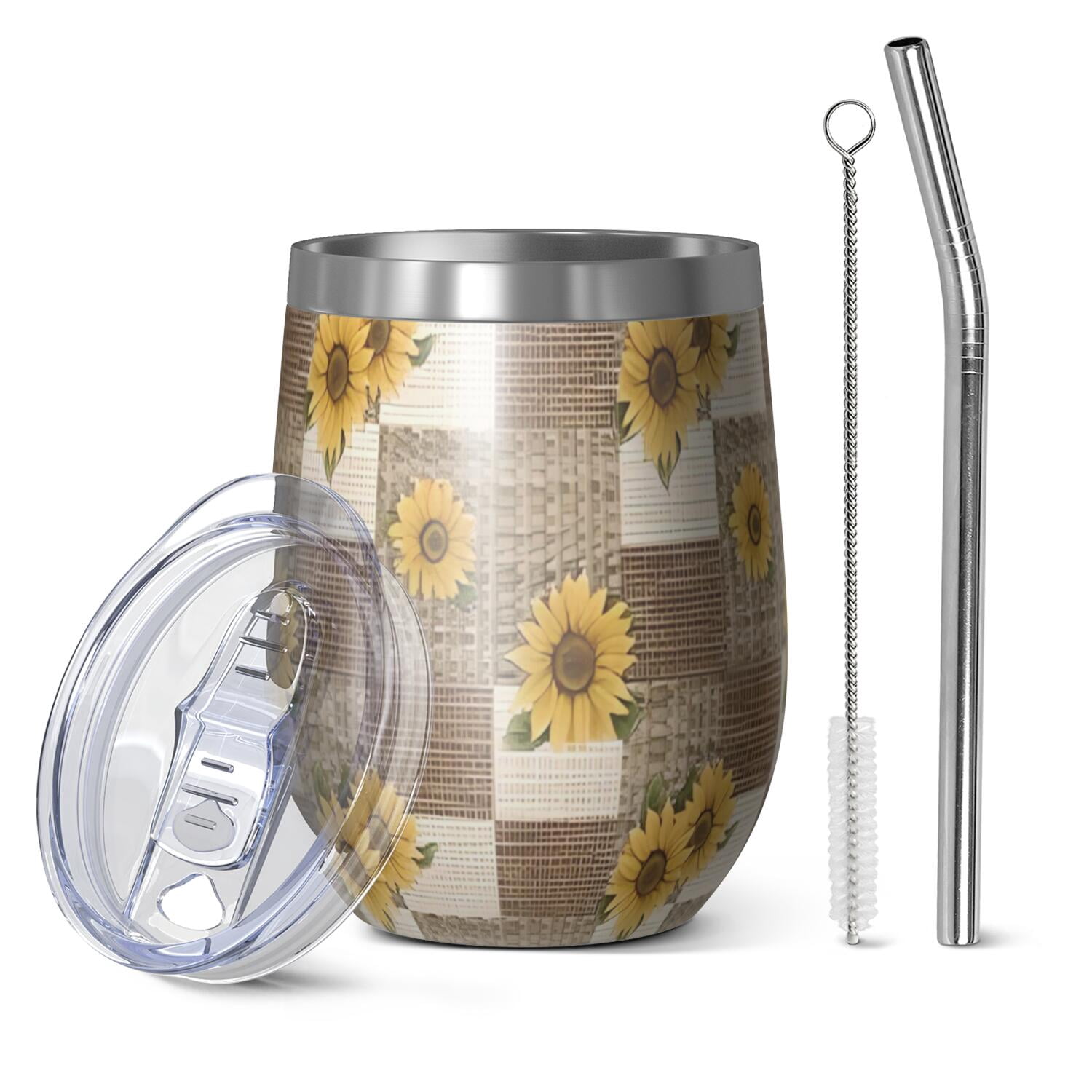 12oz Stemless Wine Tumblers Brown Checker Sunflower Pattern Vacuum ...