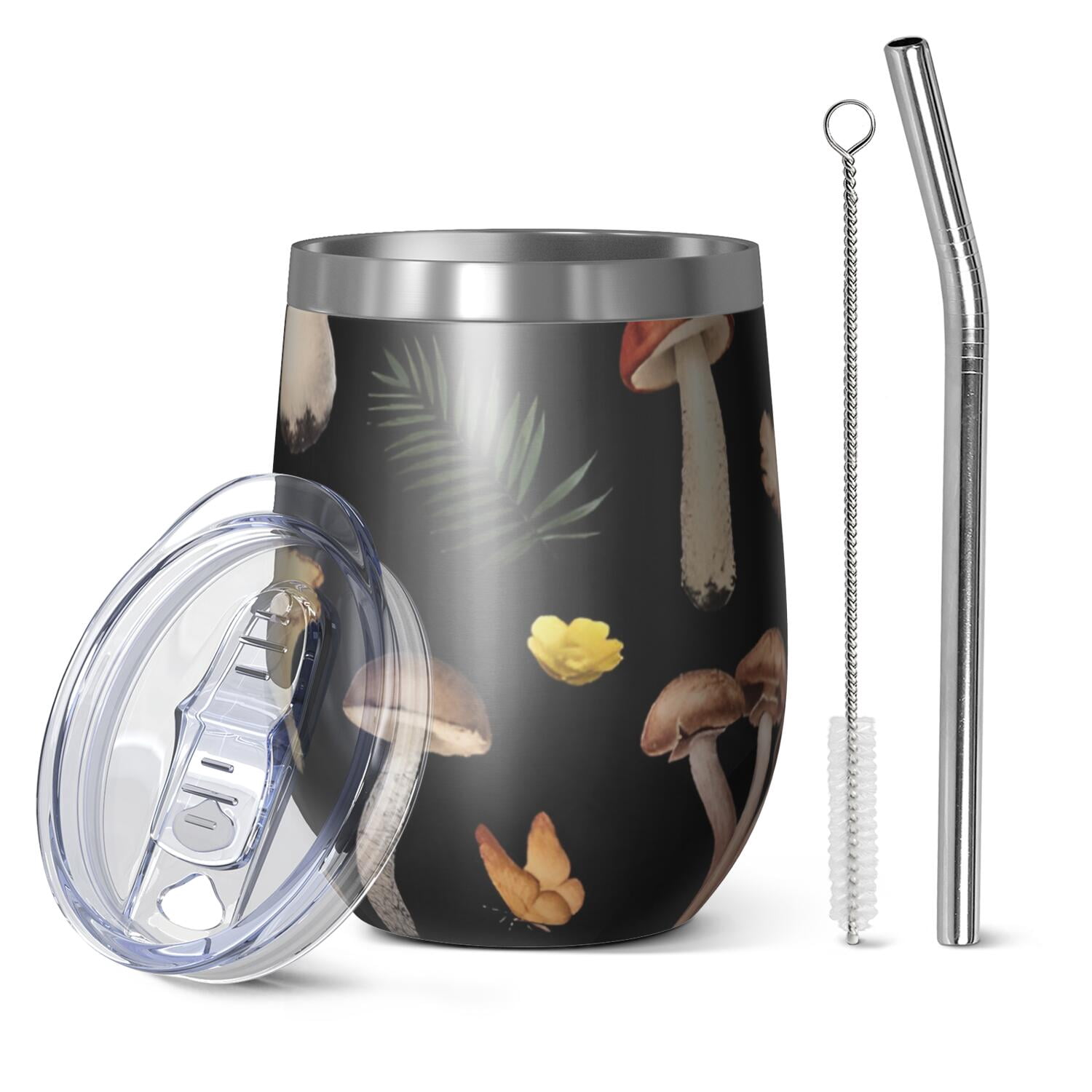 12oz Stemless Wine Tumblers Brown Mushroom Leaf Black Pattern Vacuum ...
