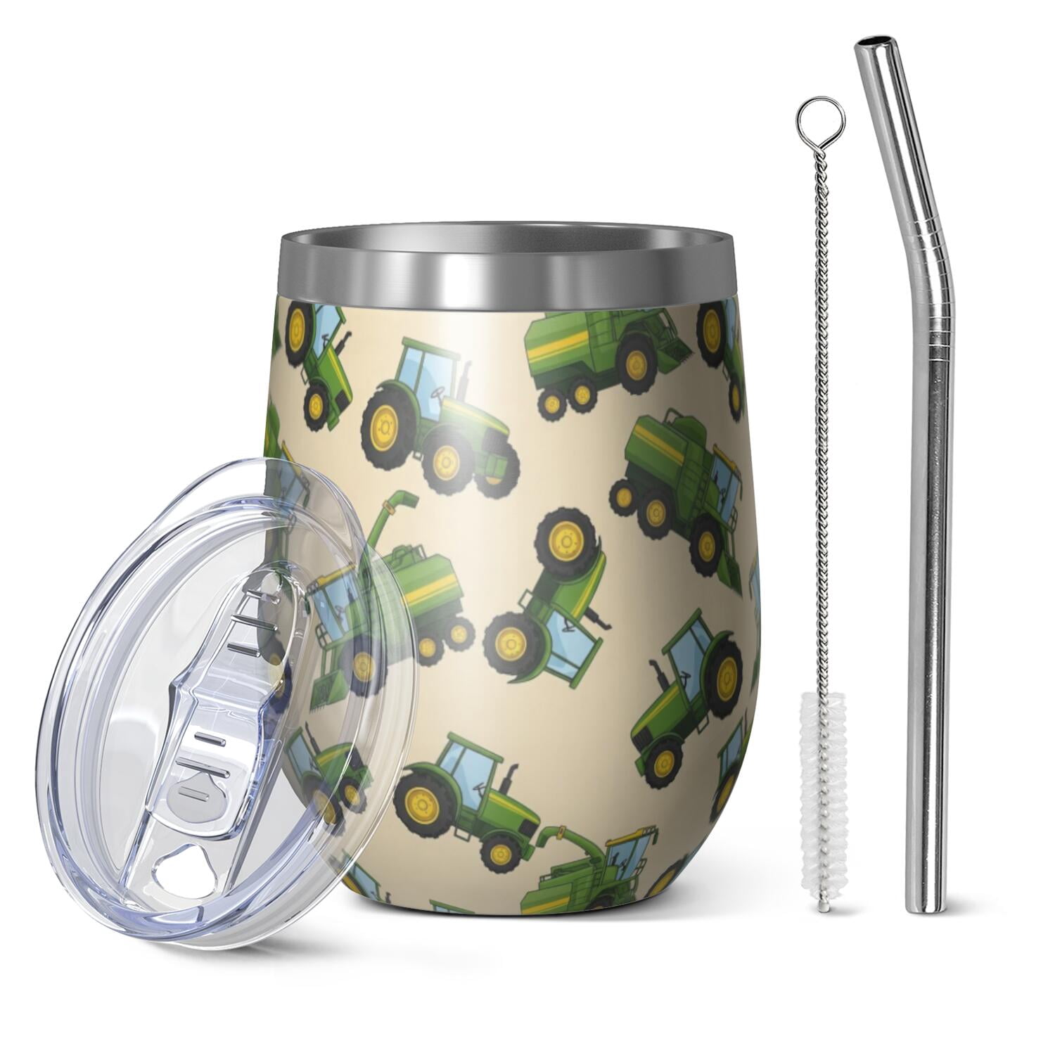12oz Stemless Wine Tumblers Cartoon Tractors Harvesters Beige Pattern ...