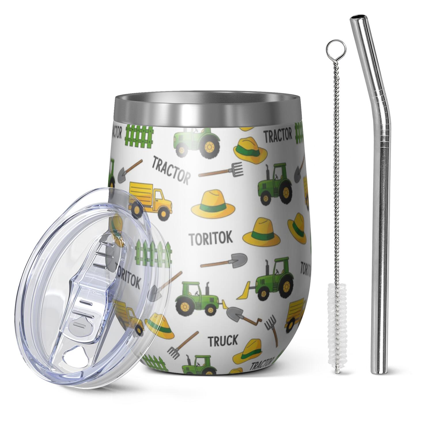 12oz Stemless Wine Tumblers Cartoon Tractors Hats White Pattern Vacuum ...